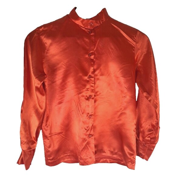 Vintage | Tops | Vintage Womens Satin Button Down Top Red Monk Collar ...